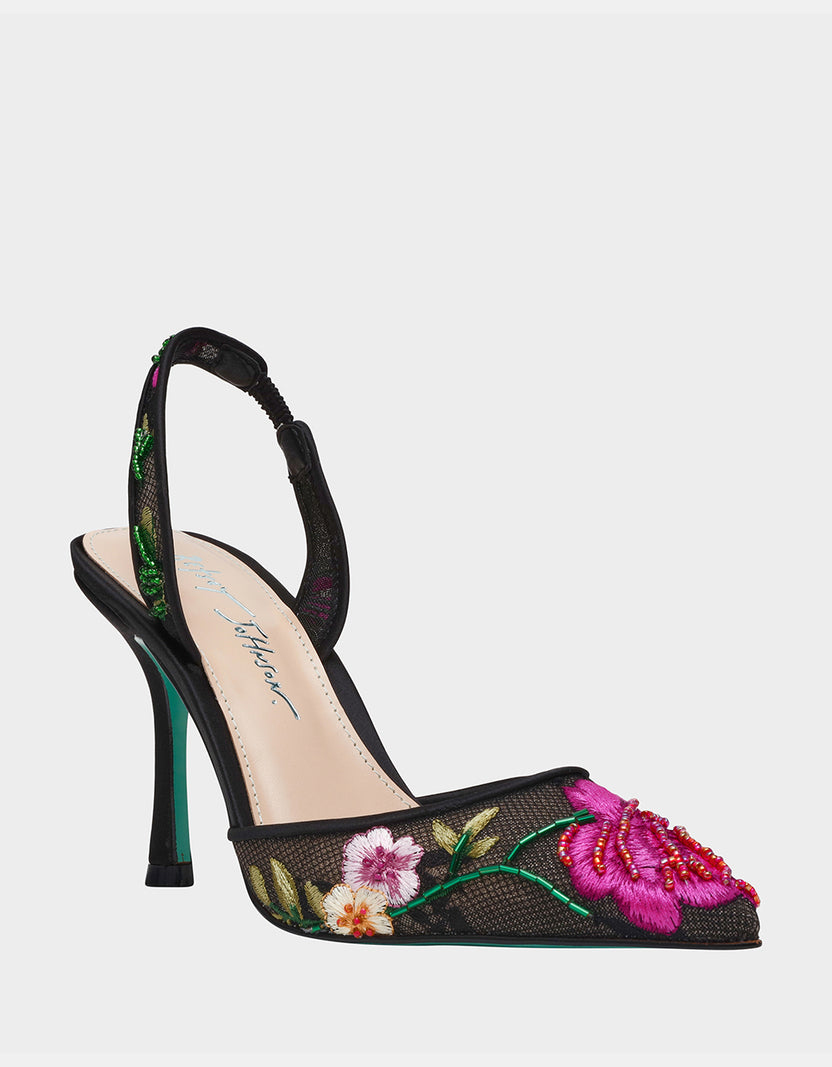 APRIL BLACK MULTI FLORAL Pointed-Toe Slingback Pump Heels – Betsey Johnson
