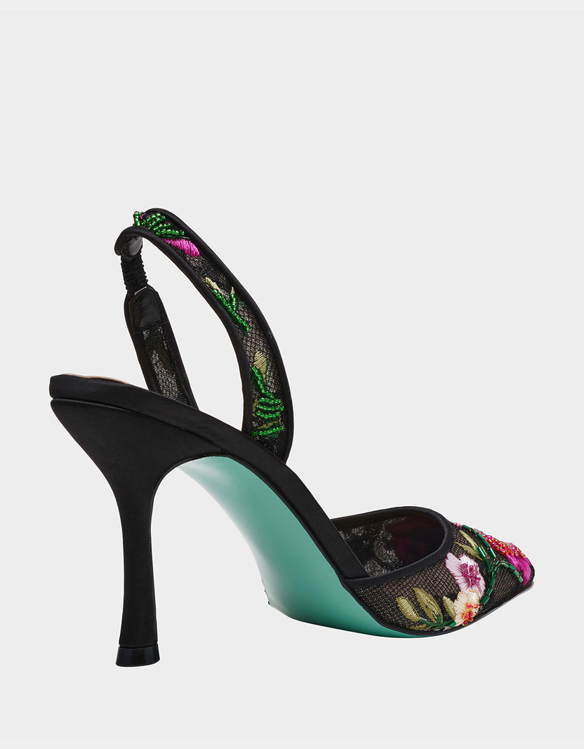 APRIL BLACK MULTI FLORAL Pointed-Toe Slingback Pump Heels – Betsey Johnson