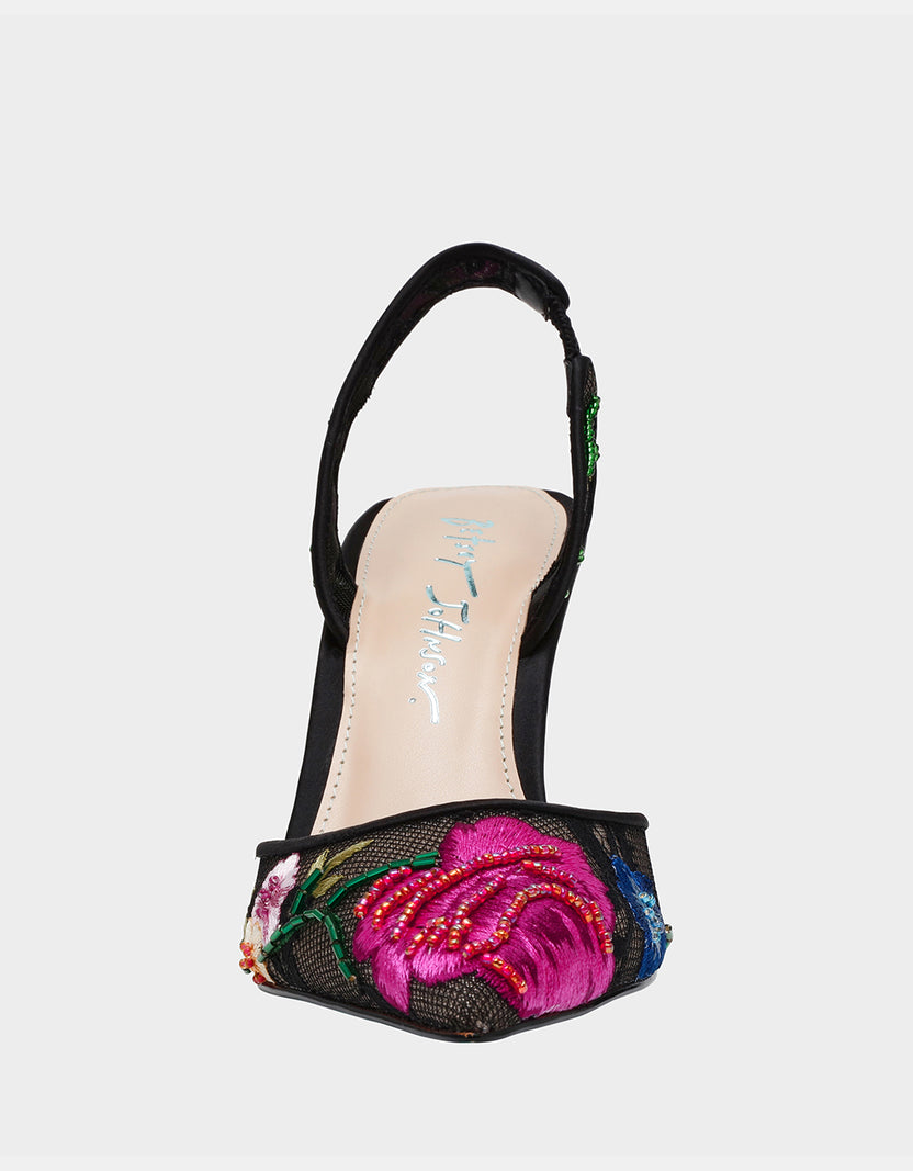 APRIL BLACK MULTI FLORAL Pointed-Toe Slingback Pump Heels – Betsey Johnson