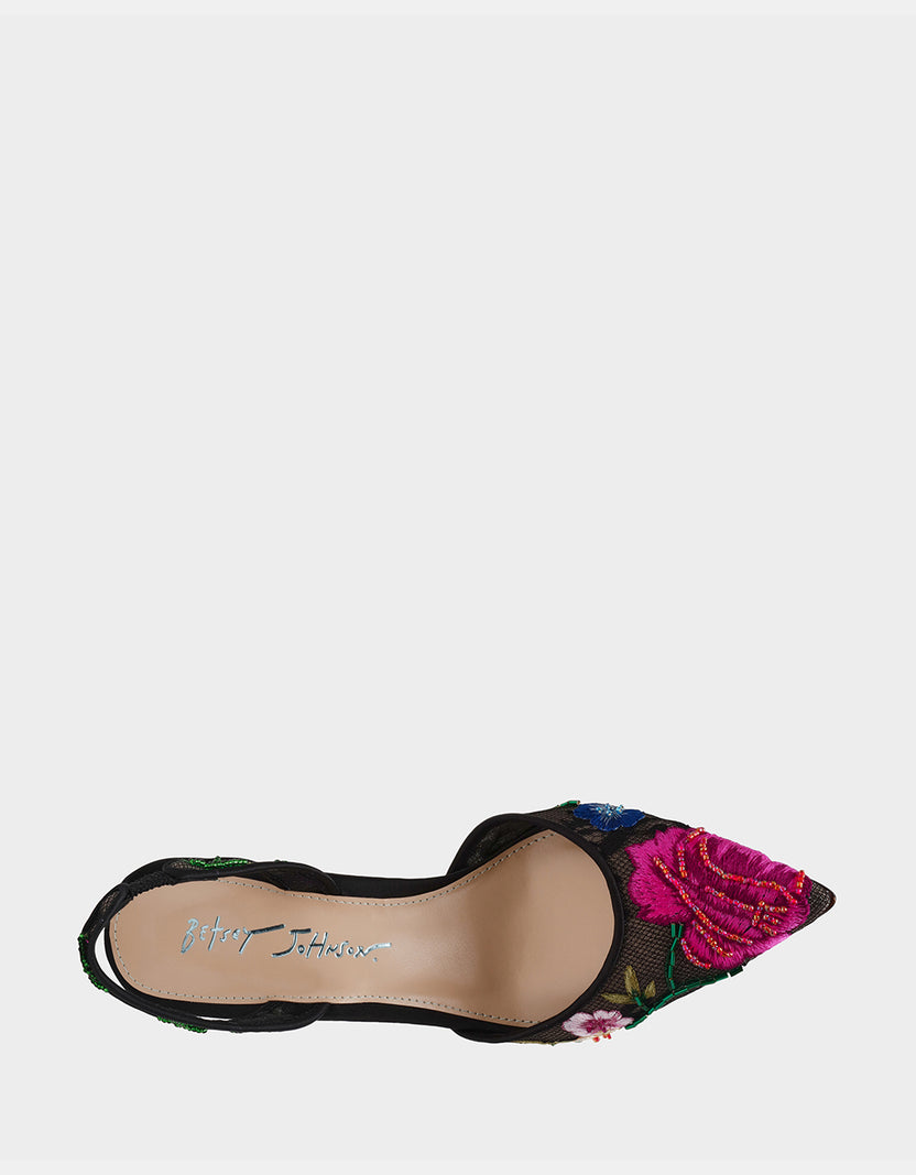 APRIL BLACK MULTI FLORAL Pointed-Toe Slingback Pump Heels – Betsey Johnson