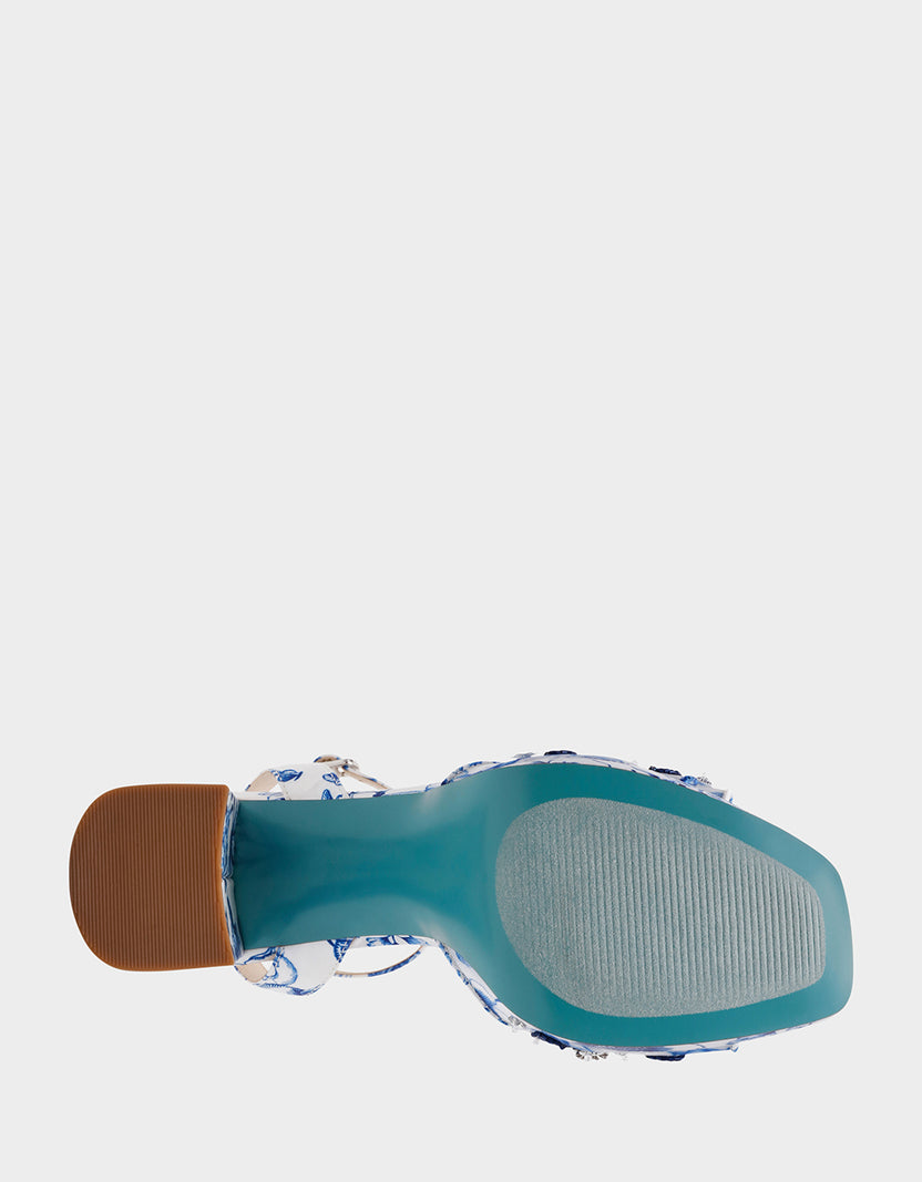 BRODY WHITE/BLUE FLORAL Women's Platform Block Floral Heel with Beaded ...
