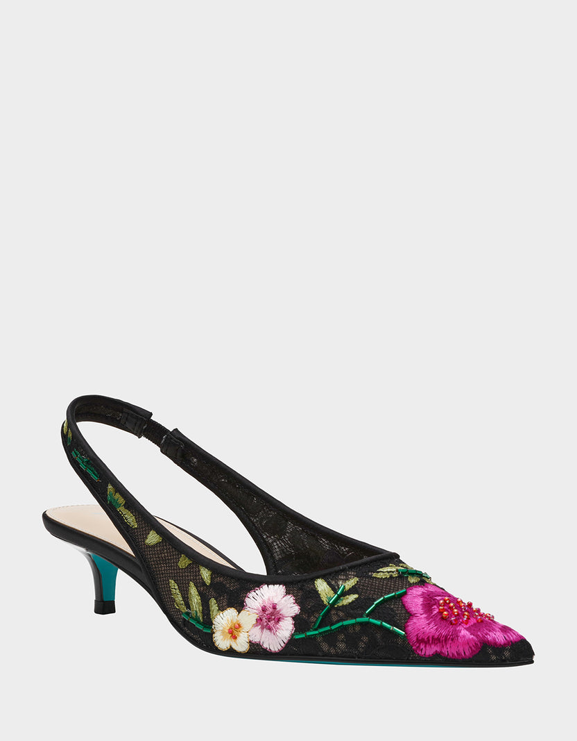 FELIX BLACK MULTI FLORAL Pointed-Toe Slingback Pump Kitten Heel | Women ...