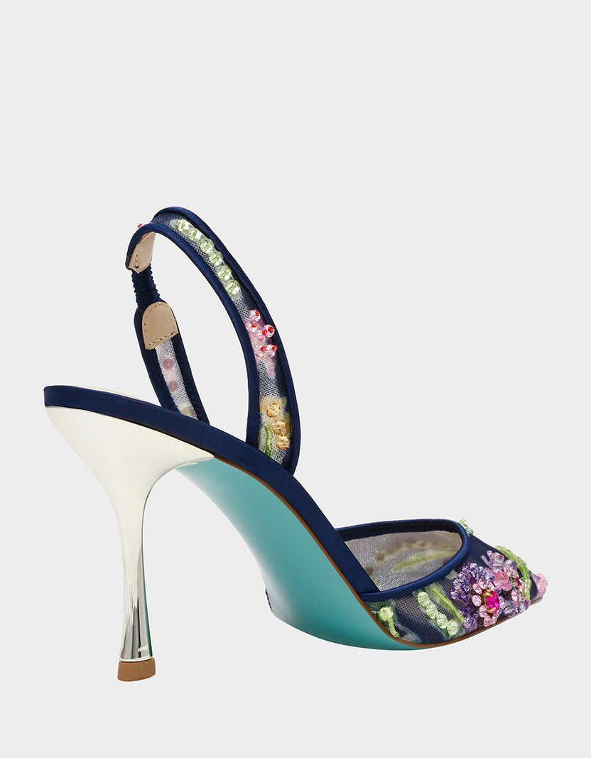 VELMA NAVY MULTI Pointed-Toe Stiletto Pump Mesh Heel | Women's Heels ...
