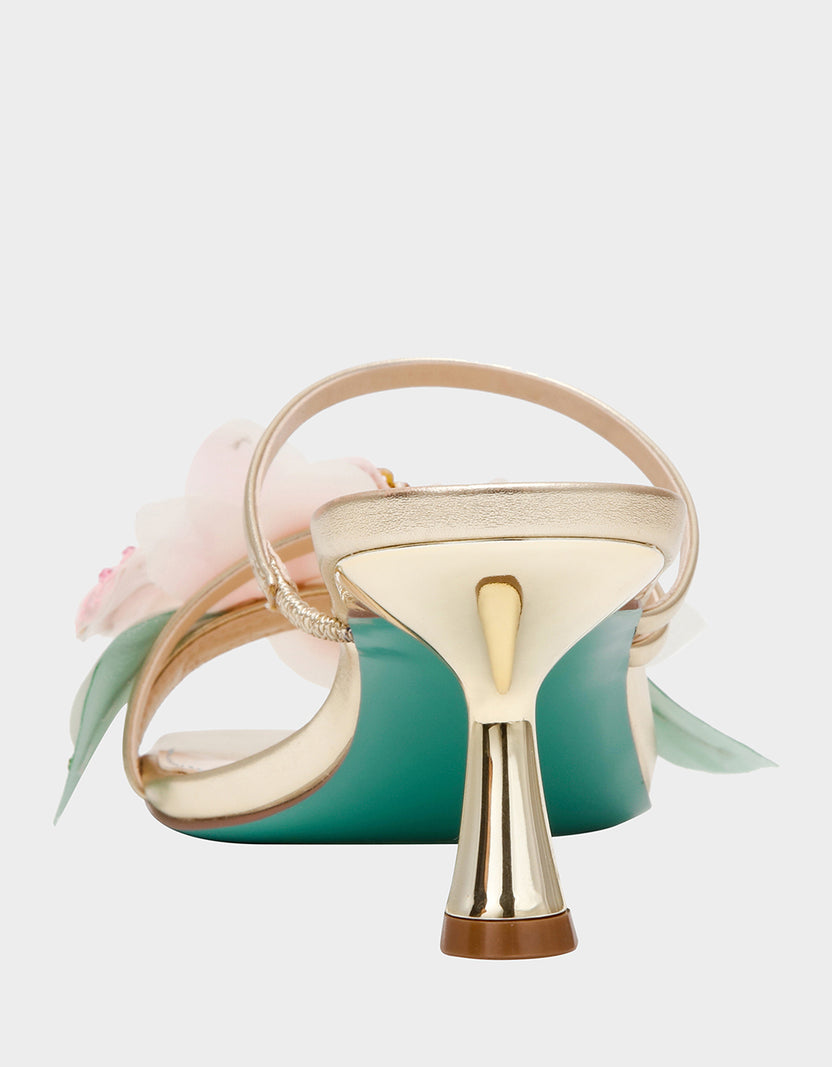 WELLS Light Gold Flower Strappy Mule Square-Toe Women's Heel – Betsey ...